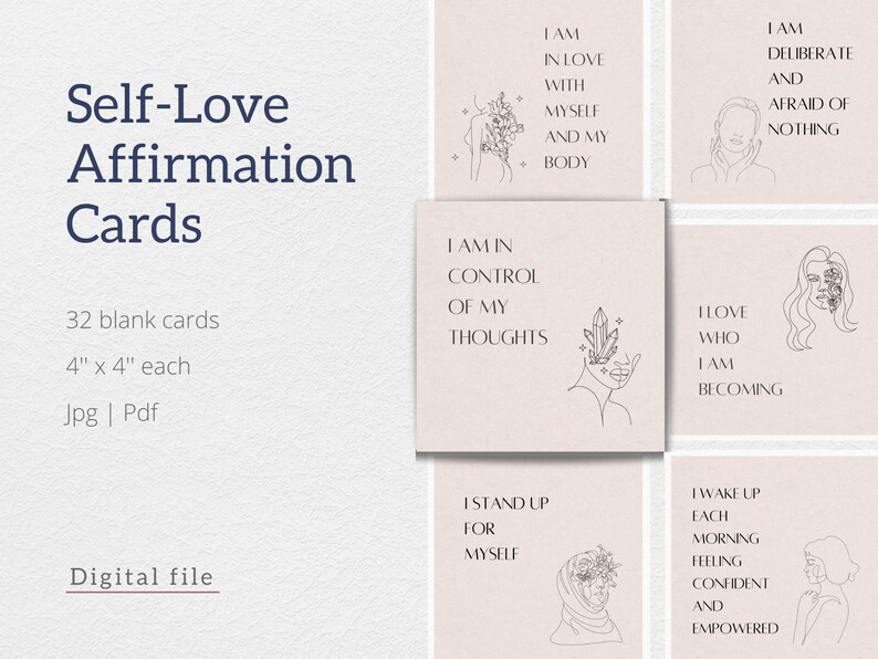 BUNDLE 32 Neutral Printable Affirmation Cards, Line Art, Affirmation ...