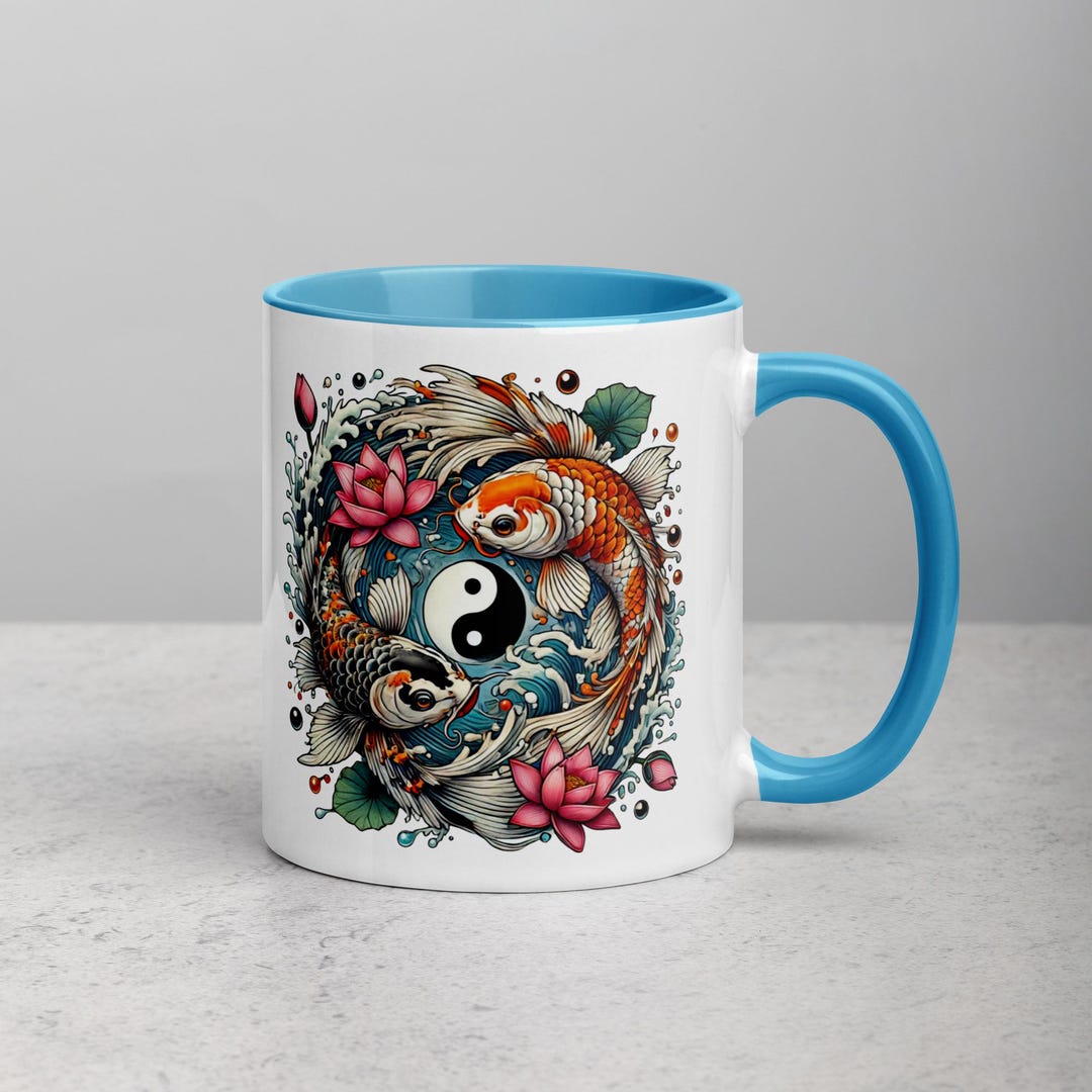 Yin Yang Koi Fish Mug | Colorful Koi Fish and Lotus Coffee Cup | Zen ...