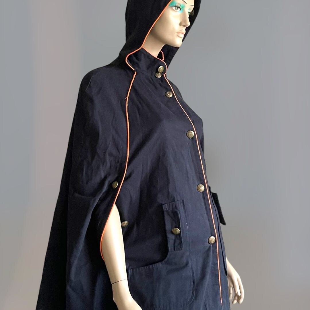 1960s Navy, Hooded, Cape, Military-style, Unusual Red Detailing ...