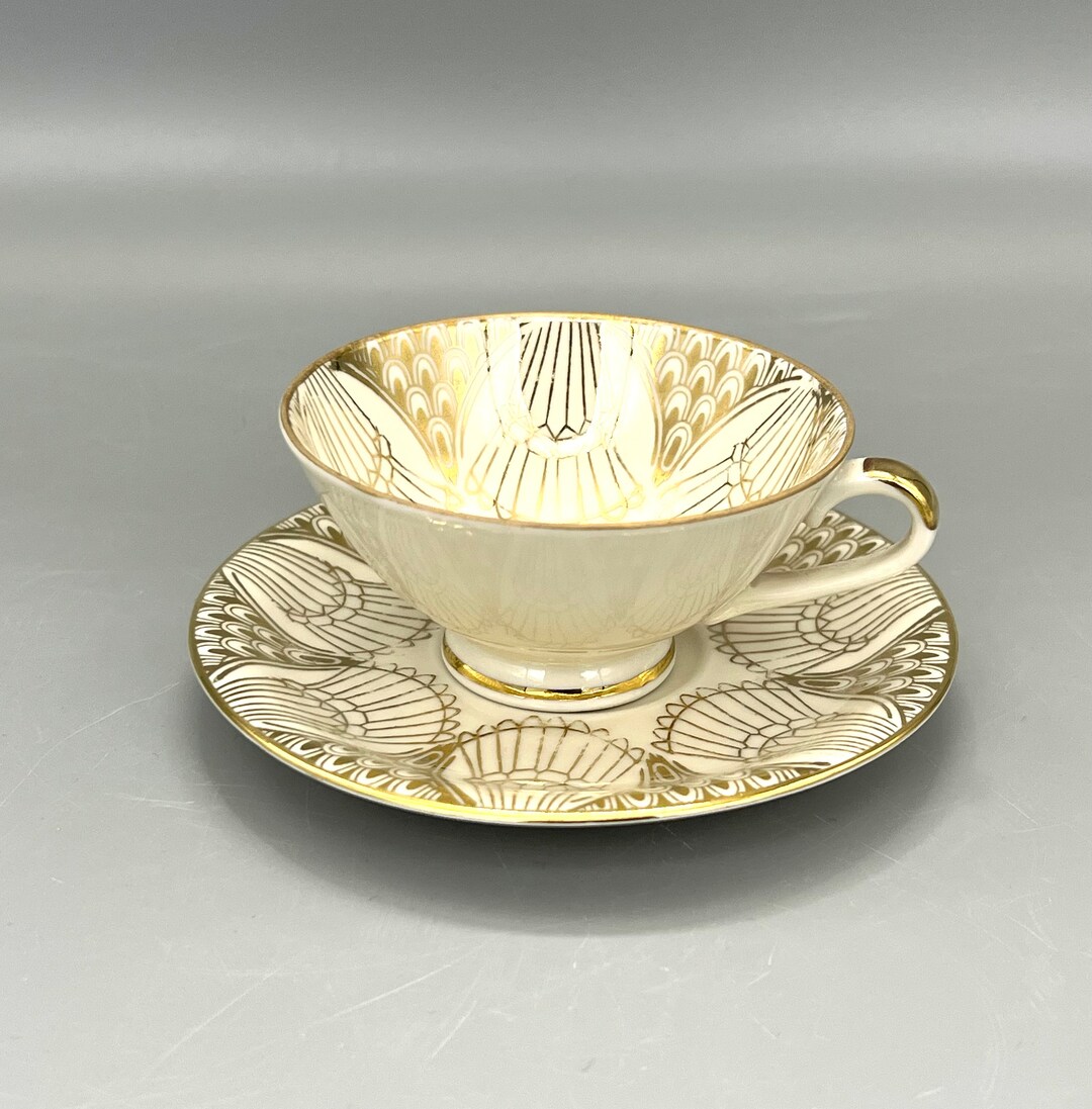 Porcelain Mocca Cup and Saucer , Beautiful White and Gold Decor ...