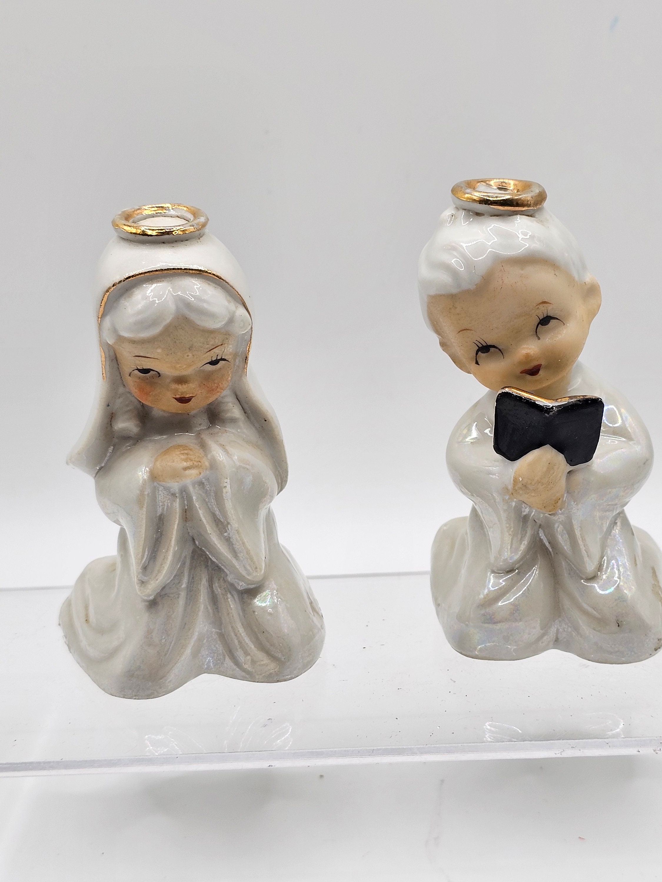 Vintage Boy and Girl Praying Figurines Marked Japan Gold Halos White ...