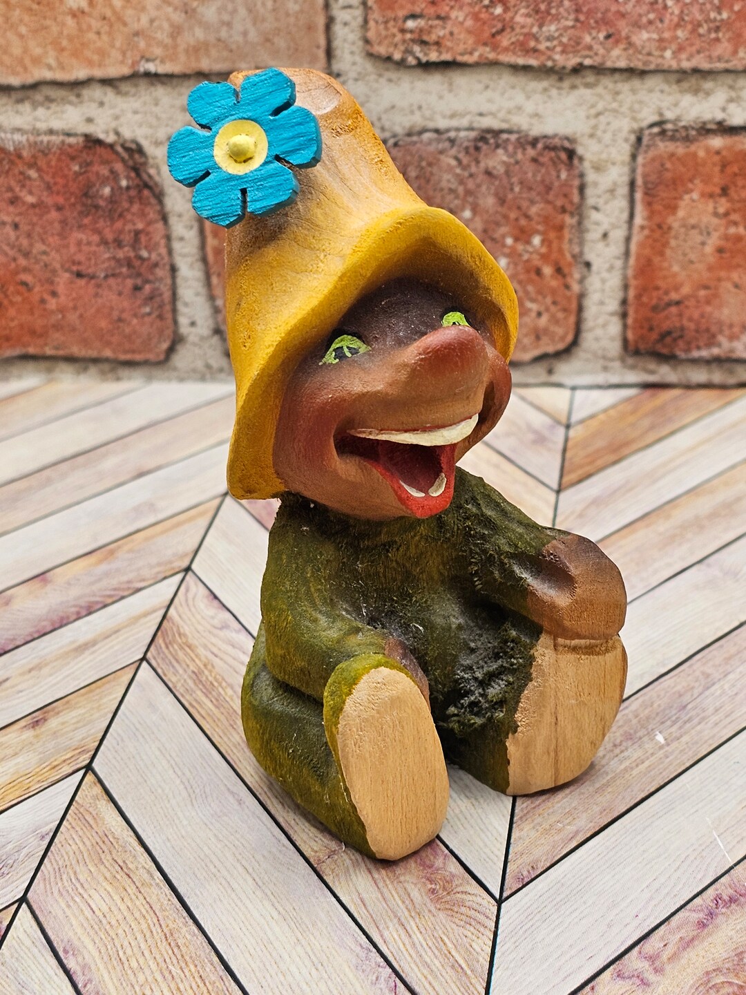Vintage HENNING Hand-carved Wooden Troll Figure so Cute He is Sitting ...
