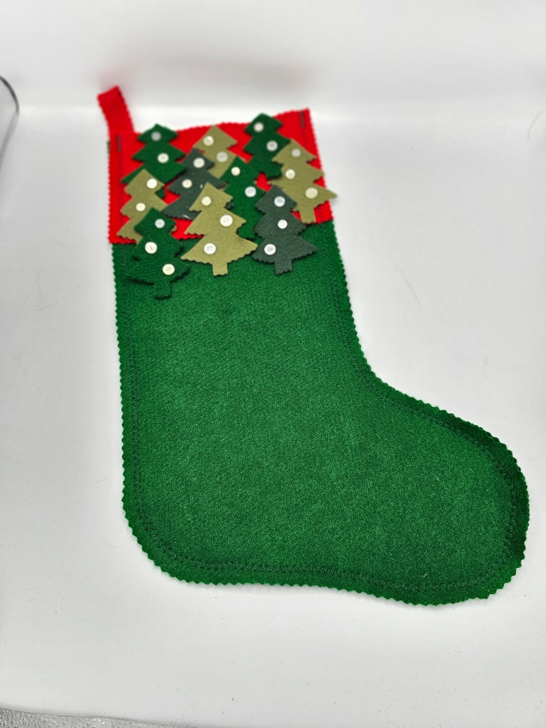 Vintage Christmas Stocking Christmas Trees and Buttons Felt Greens and ...
