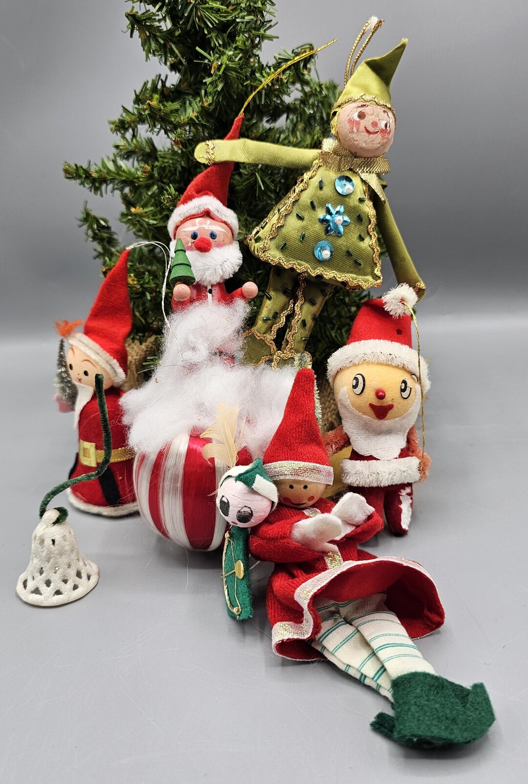 Vintage Santas, Elves, Bell & More Ornaments Lot - Flocked, Wooden ...