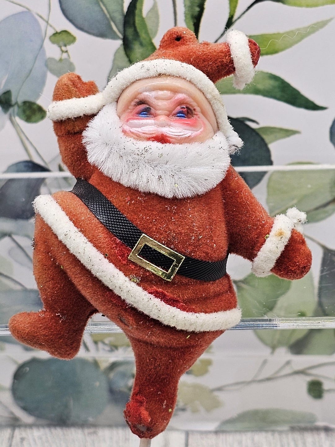 Vintage Flocked Santa Floral Pick - Kitschy Christmas - Christmas ...