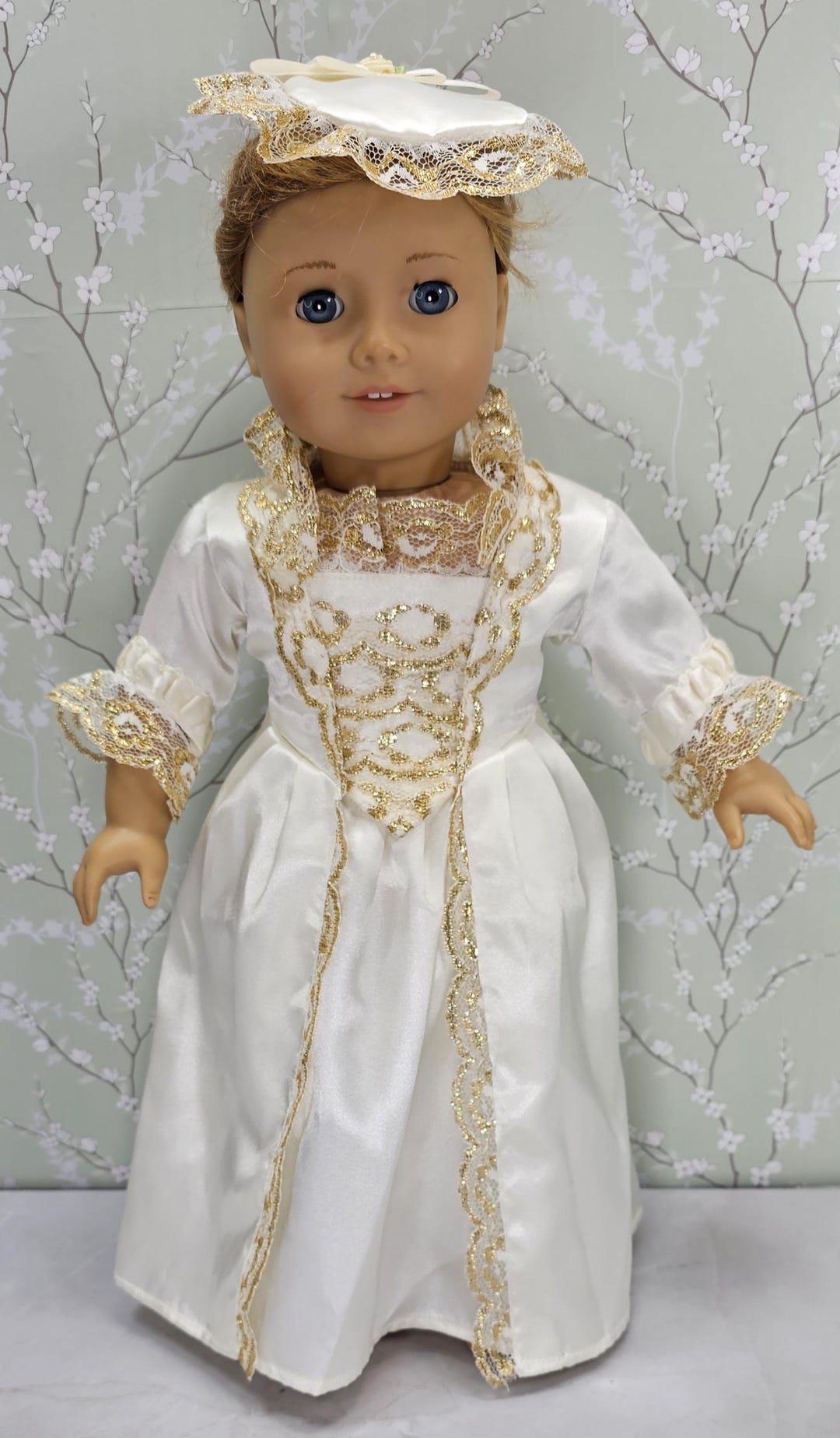 English Colonial Style White Gold Satin Gown for 18-inch Dolls - Pinner ...