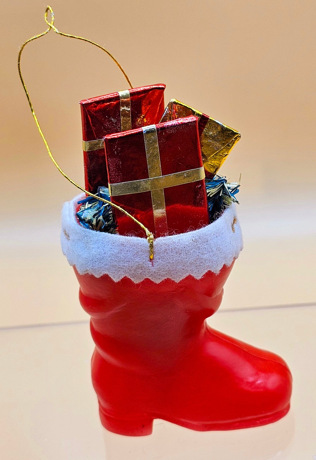 Vintage Small Red Hard Plastic Santa Boot Filled W/ Christmas Gifts ...