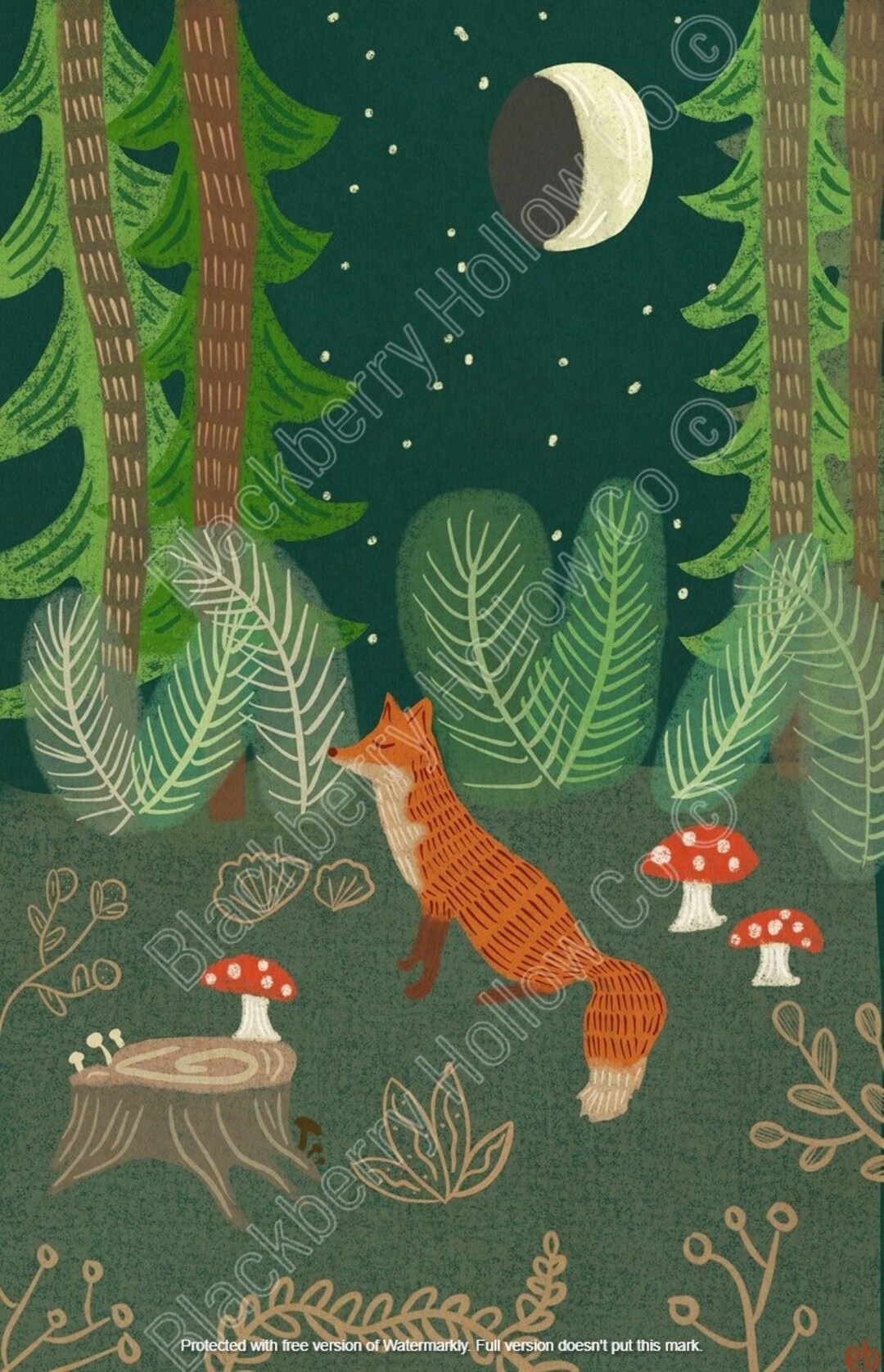 Fox and Mushrooms in Forest Magical Woodland Night Creatures Digital ...