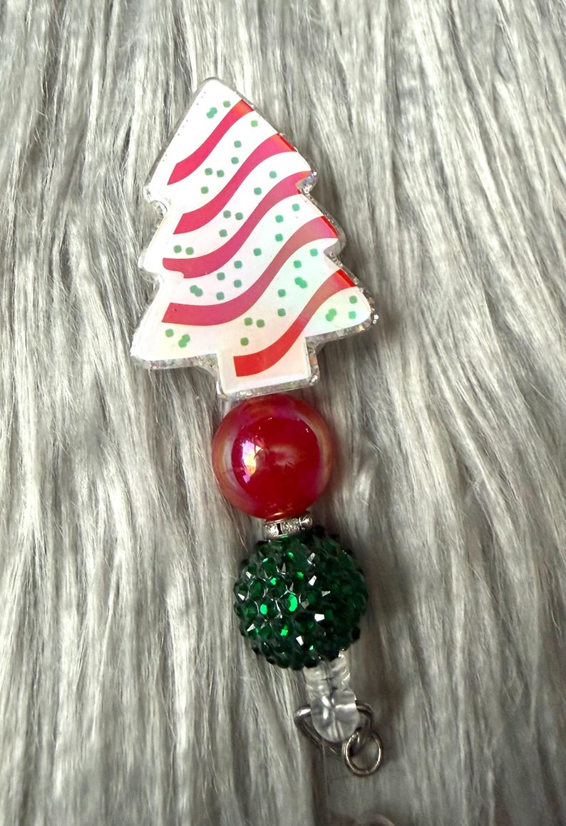 Christmas Tree Cake Badge Reel: Glitter Acrylic ID Tag, Holiday Beaded Badge Holder, Nurse Badge ...