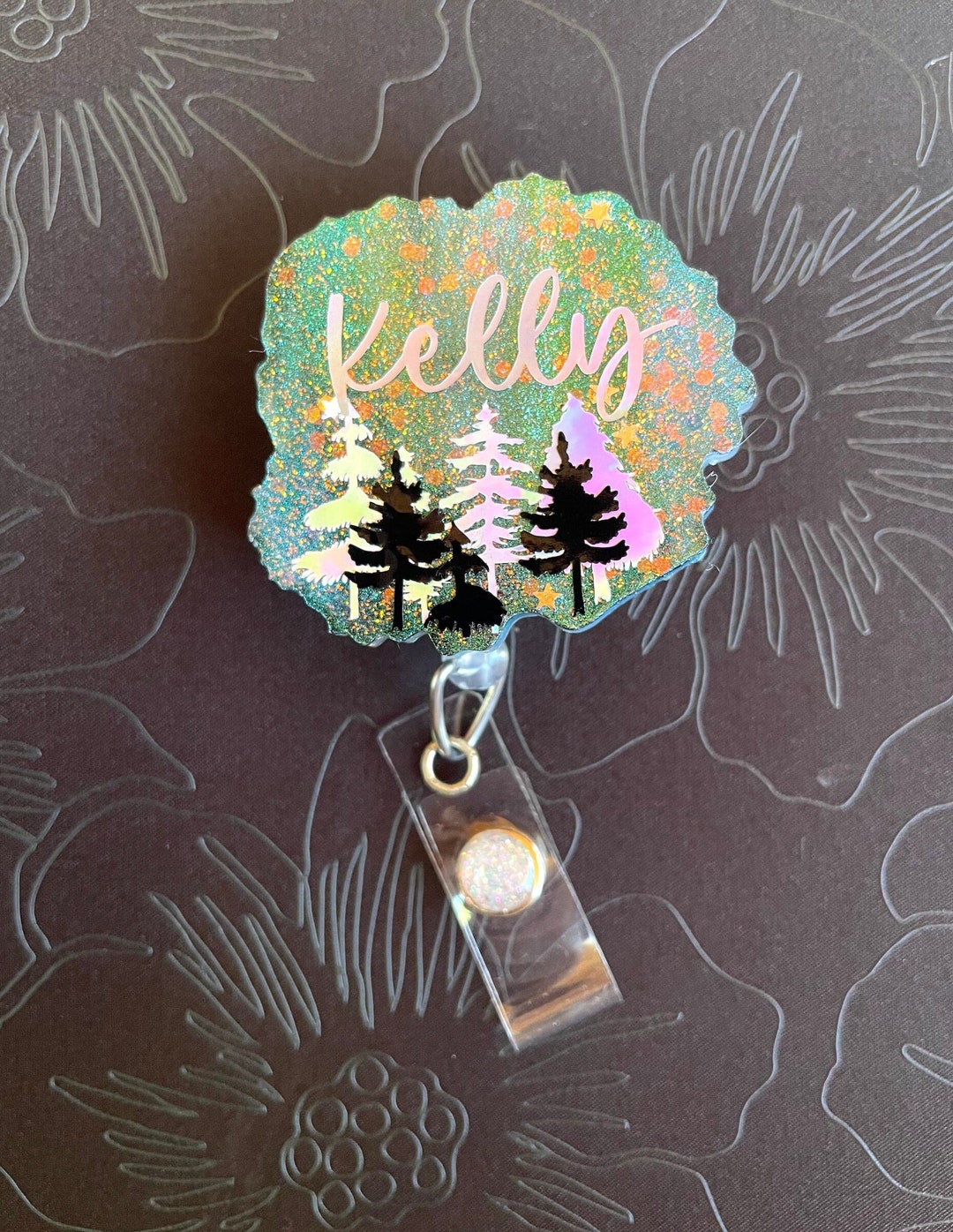 Night Sky Tree Badge Reel: Personalized Glitter Geode Name Tag - Etsy
