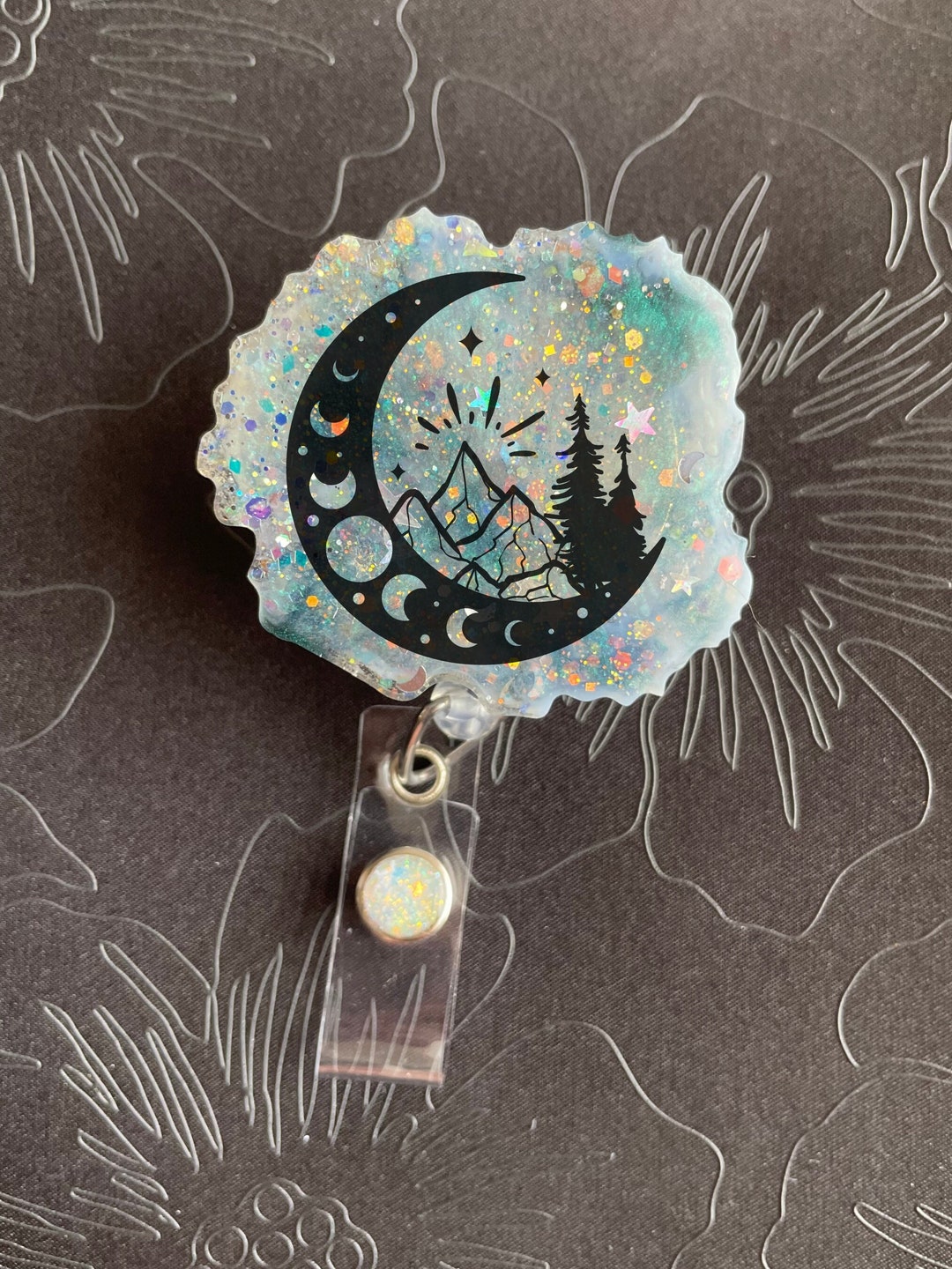 Moon Phase Badge Reel, Mystical Celestial Badge Reel, Geode Glitter ...