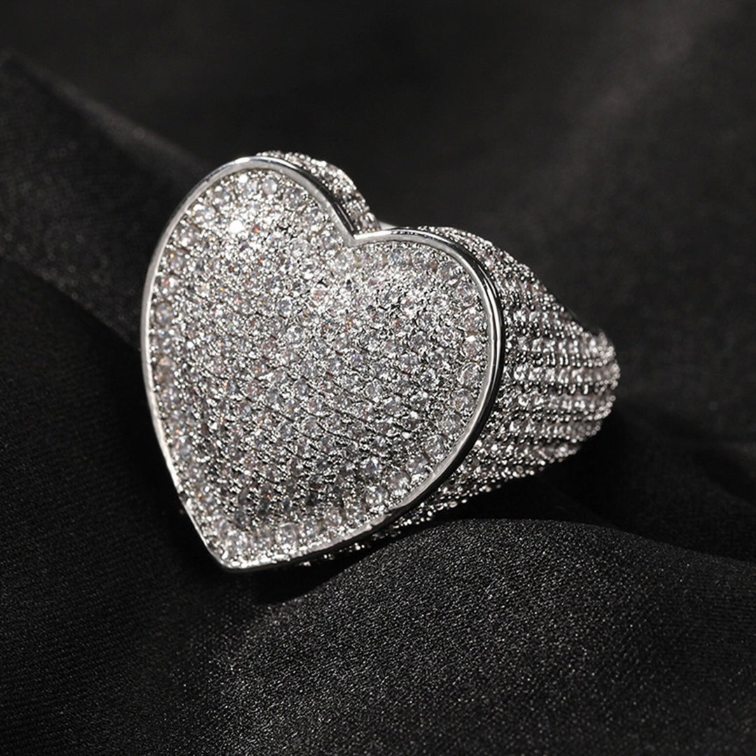 Hot Trendy Big Boss Heart Ring,icy Bling Chunky Heart Ring,mirco Paved ...