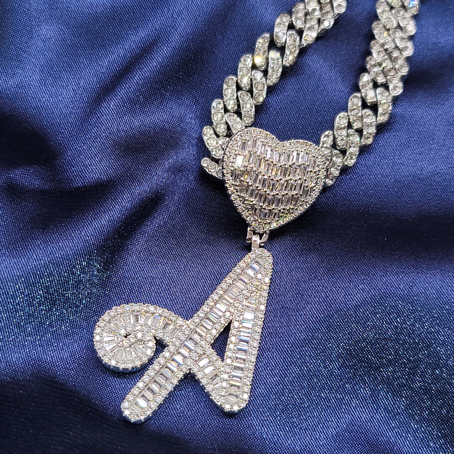 Icy Square Diamond Heart Clasp Initial Necklace With Cuban - Etsy