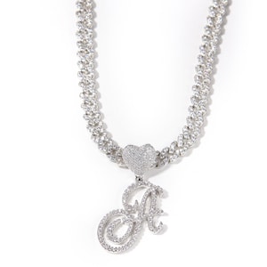 Iced Out Heart Clasp Cursive Letters Necklace Silver Cubic Zirconia ...