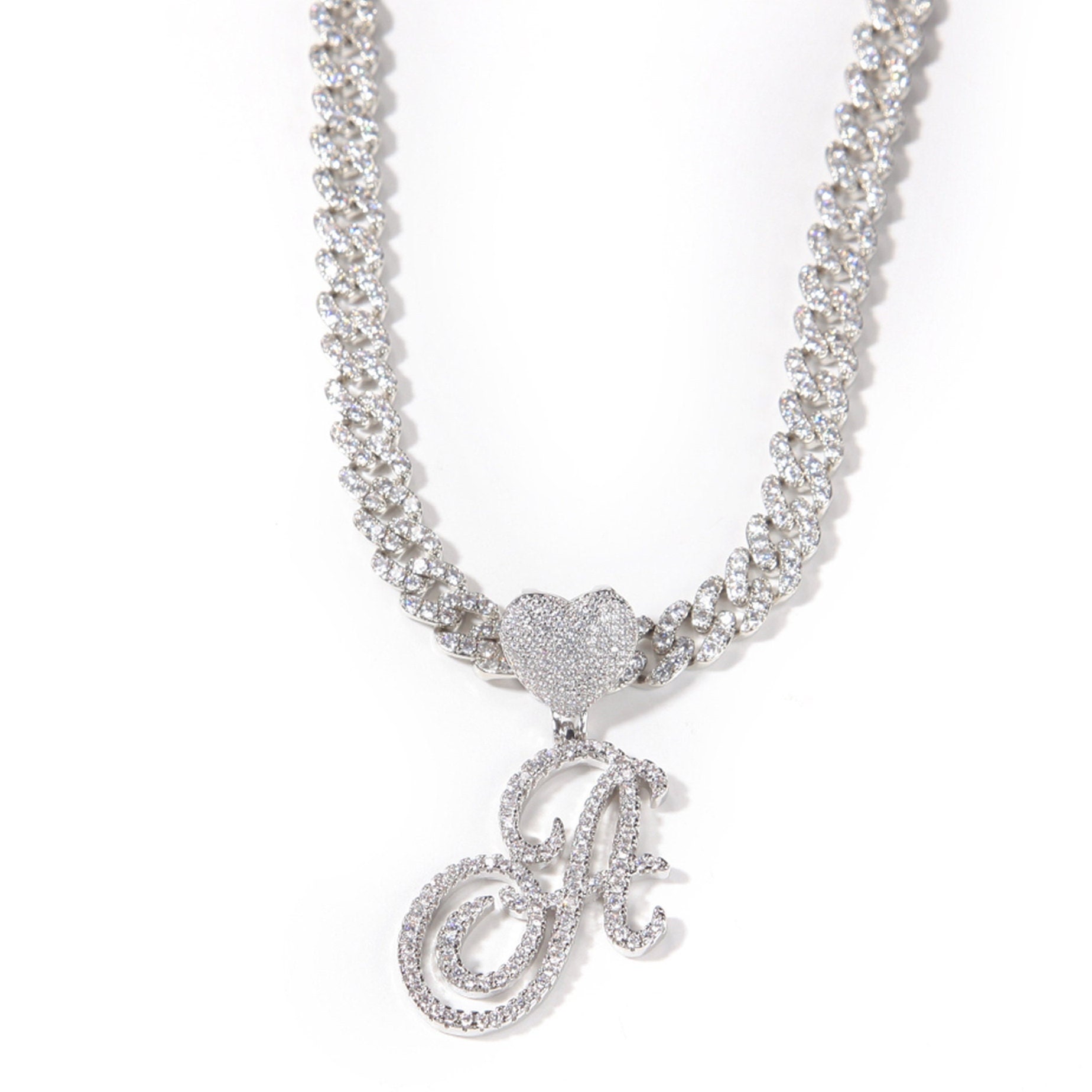 Iced Out Heart Clasp Cursive Letters Necklace Silver Cubic - Etsy