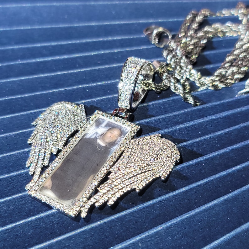 Iced Out Winged Medallion: Custom Photo Pendant Necklace, Cubic Zircon ...