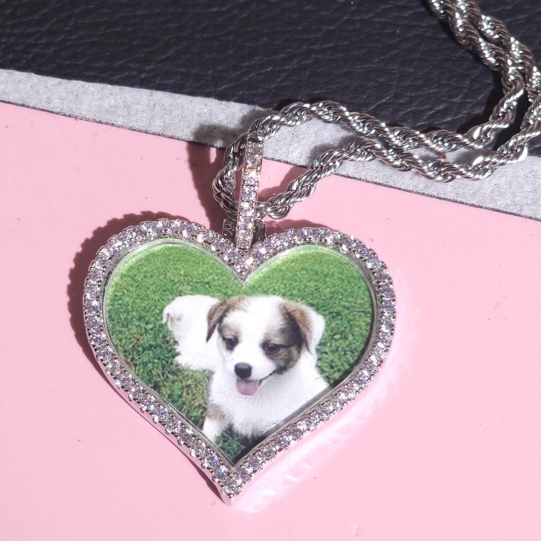 Iced Out Heart Photo Necklace: Custom Engraved Pendant, CZ Tennis Chain ...