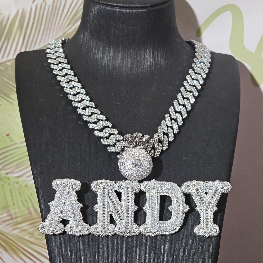 Custom Money Bag Baguettecz Letters Necklace With Cuban Chain,custom ...