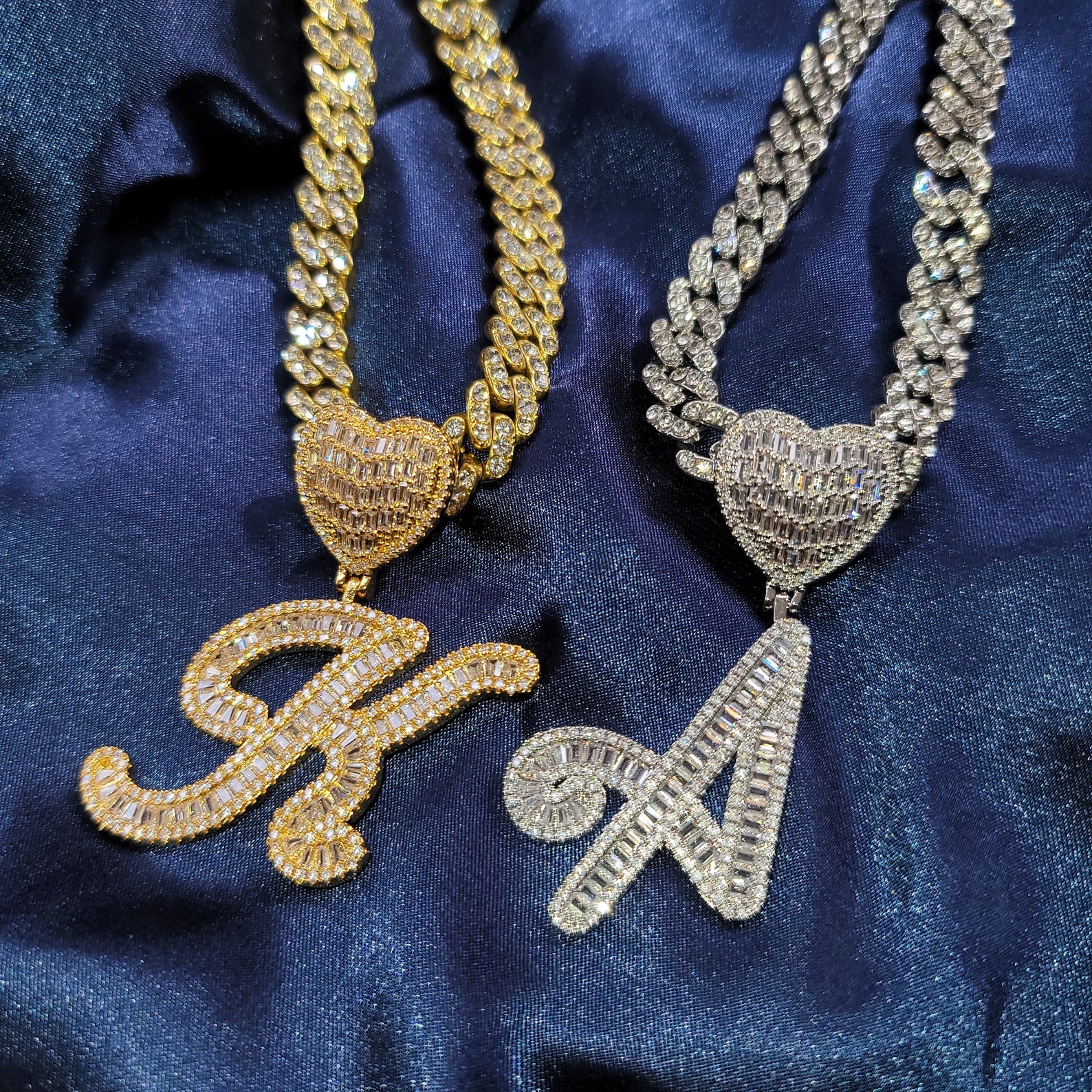 Icy Square Diamond Heart Clasp Initial Necklace With Cuban - Etsy