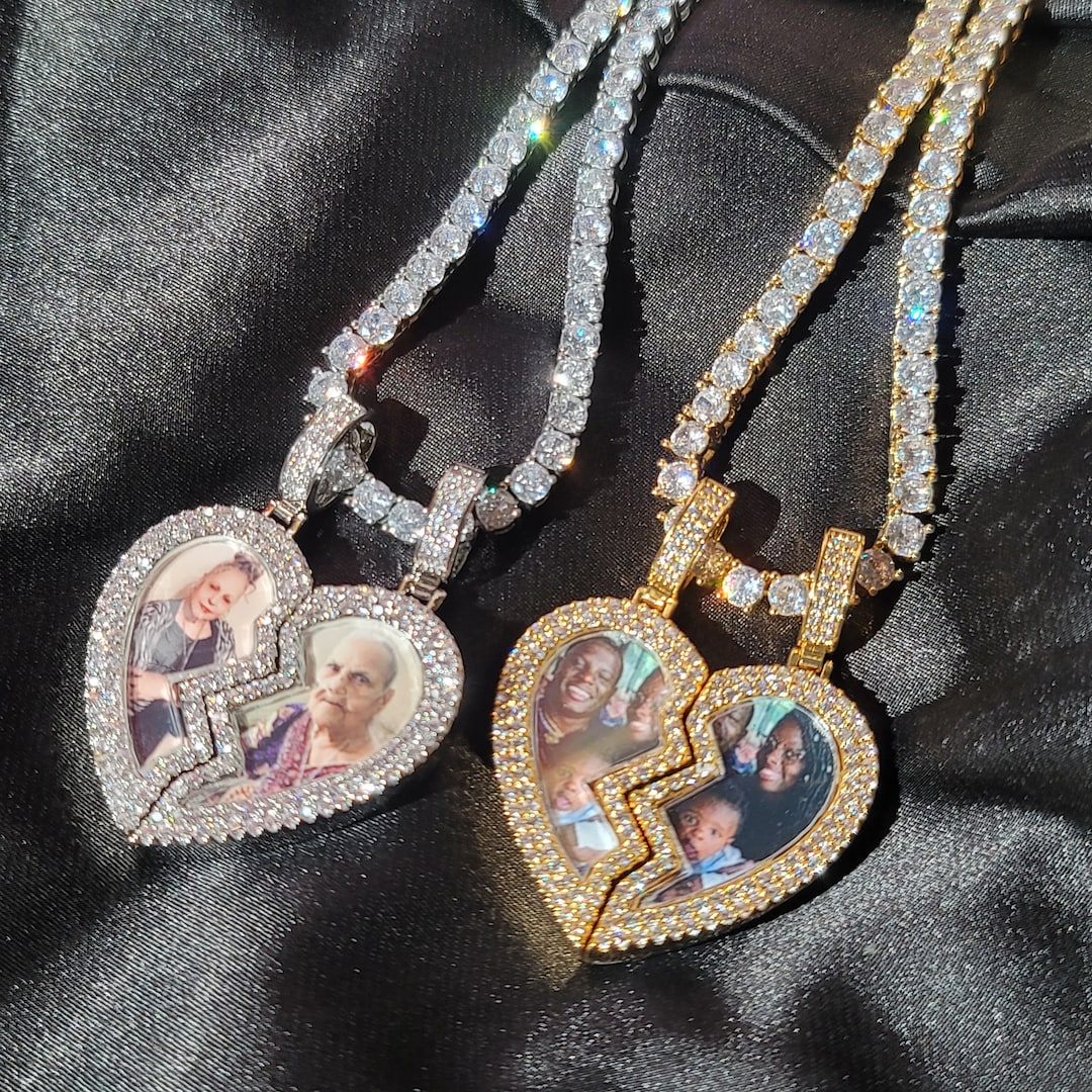 Iced Out Custom Broken Heart Photo Pendant: Magnetic Memory Necklace ...