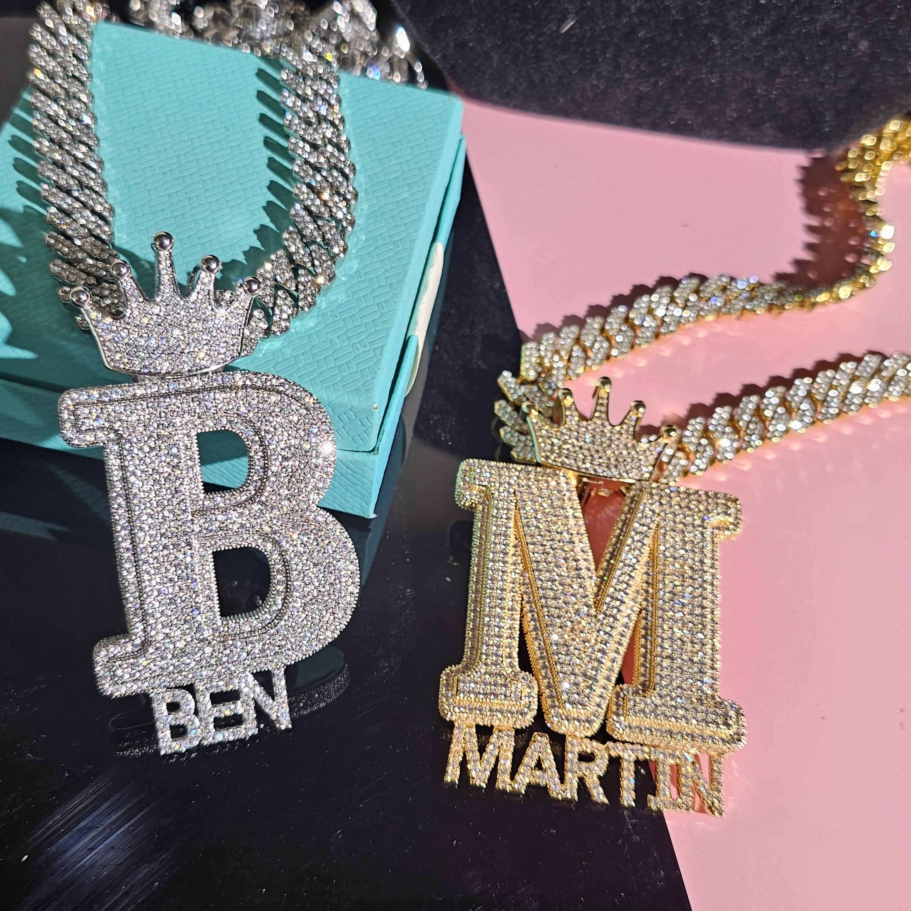 Custom Iced Out Crown Initial Pendant With Cuban Chain: Big Letter ...
