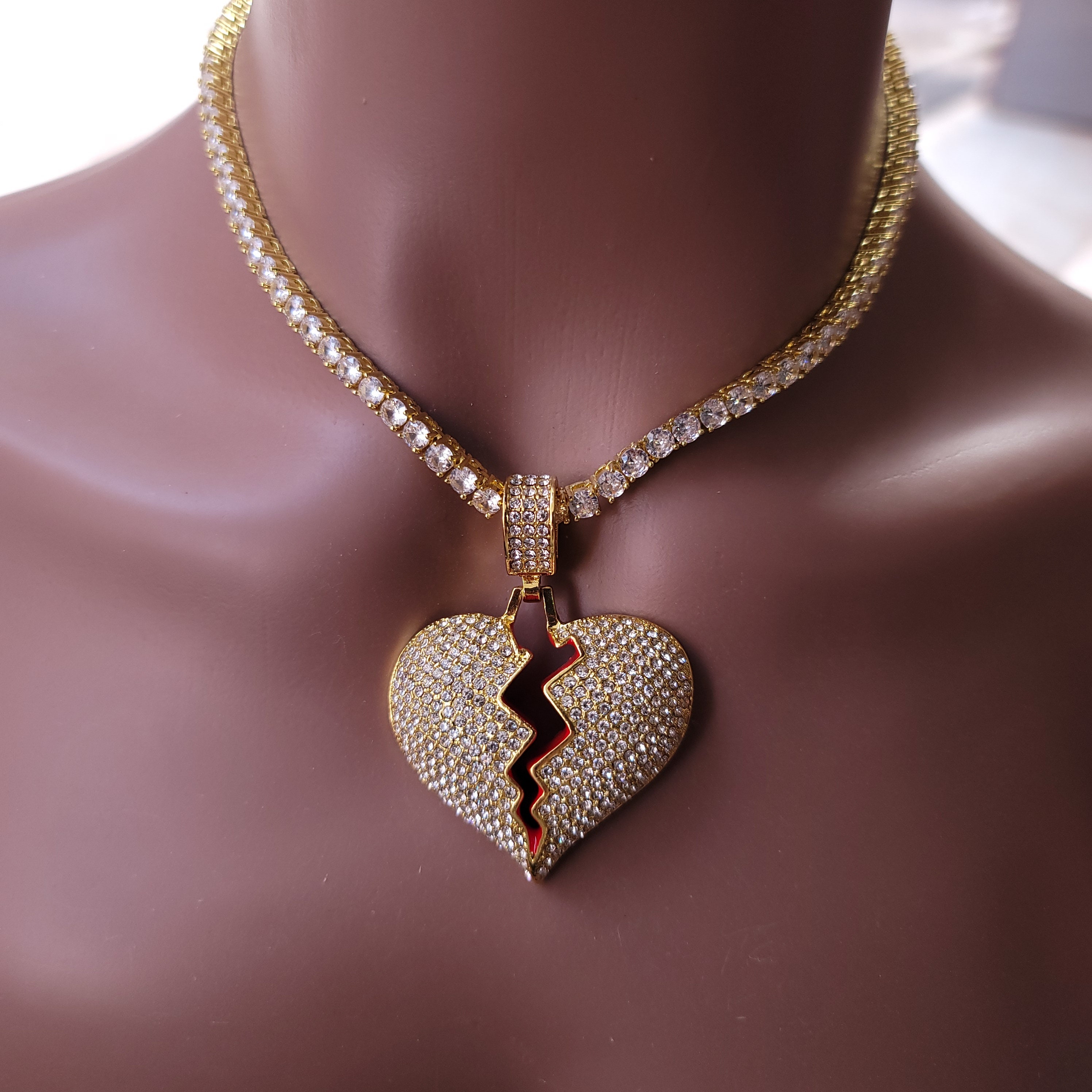 Full Iced Out Broken Heart Necklace With Tennis Chainpendant - Etsy