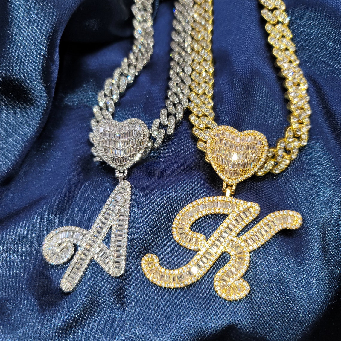 Icy Square Diamond Heart Clasp Initial Necklace With Cuban - Etsy