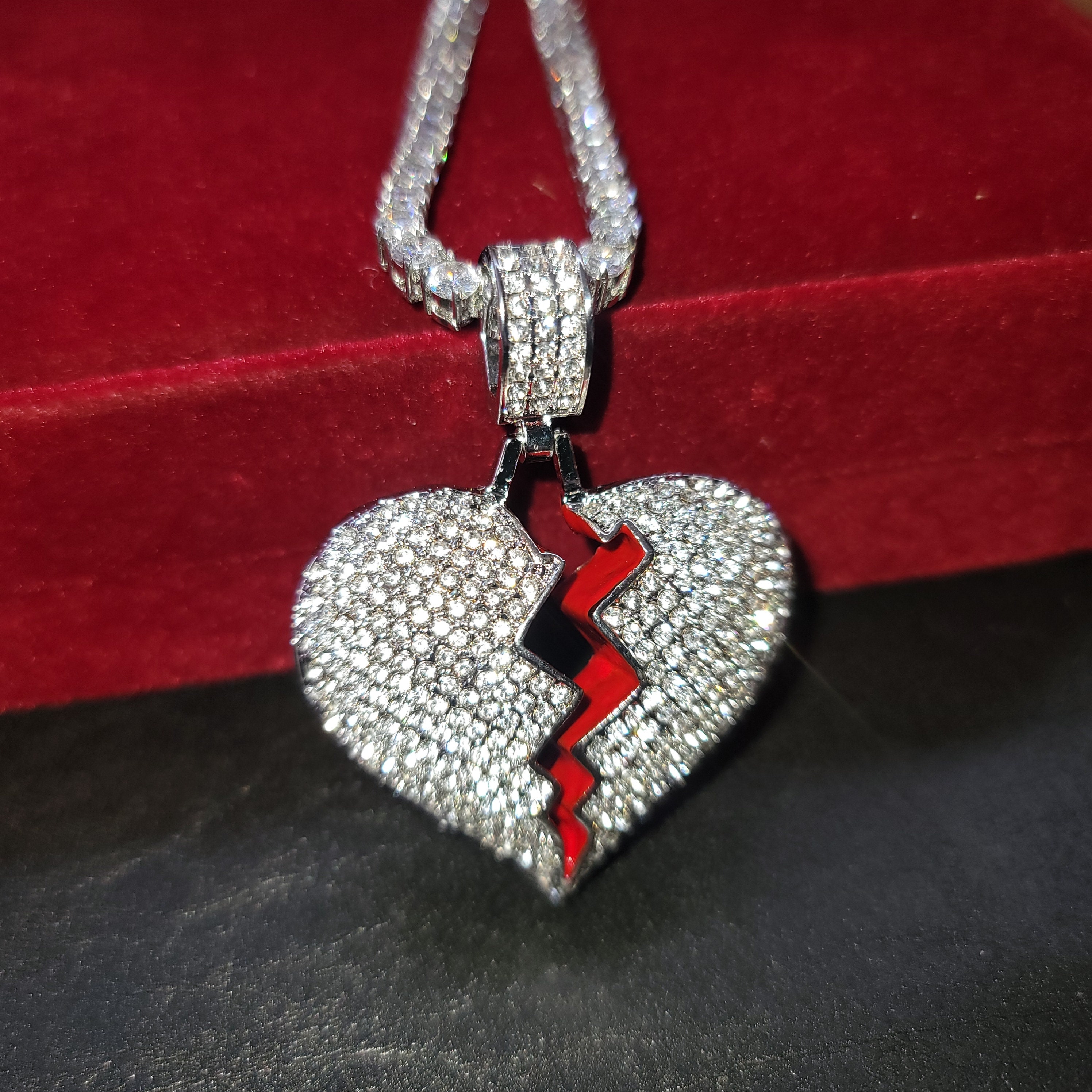 Full Iced Out Broken Heart Necklace With Tennis Chainpendant Etsy
