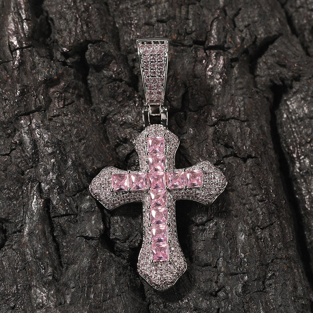 Pink White Yellow Purple CZ Diamond Big Cross Pendant Necklace,iced Out ...