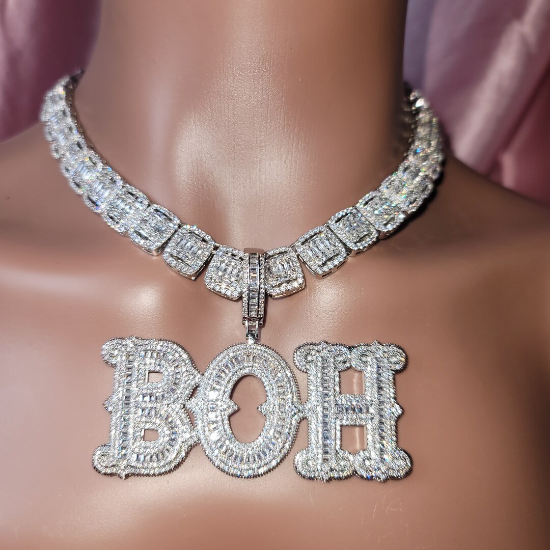 Iced Out Personalized Name Pendant With Big Baguette Chain,initial ...