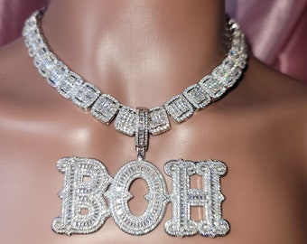 Custom Diamond Icy Script Nameplate Necklace With Tennis Baguette Chain ...