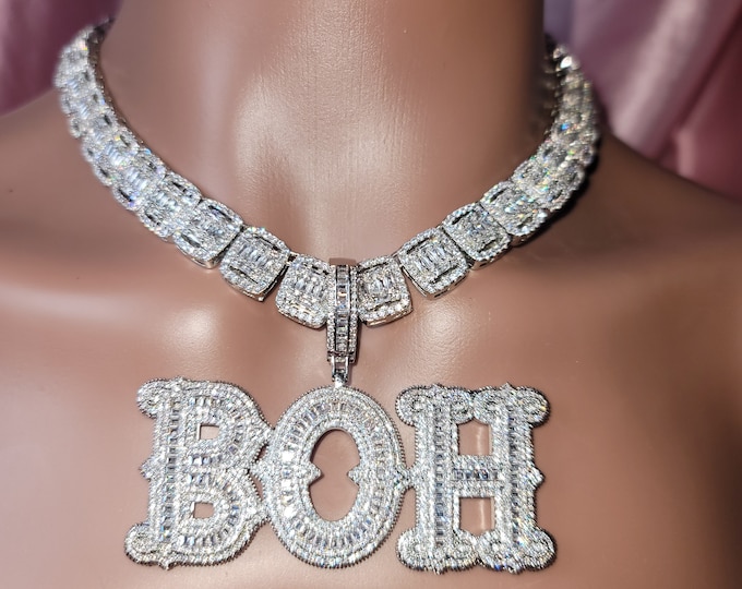 Iced Out Personalized Name Pendant With Big Baguette Chain,initial ...