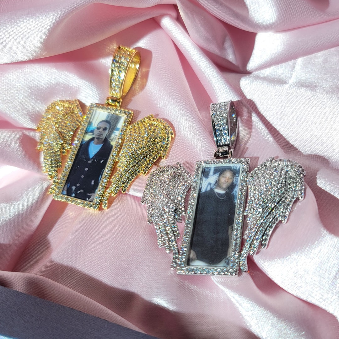 Iced Out Rectangle With Wings Medallion Picture Pendant Necklace,cubic Zircon Memorable Photo ...