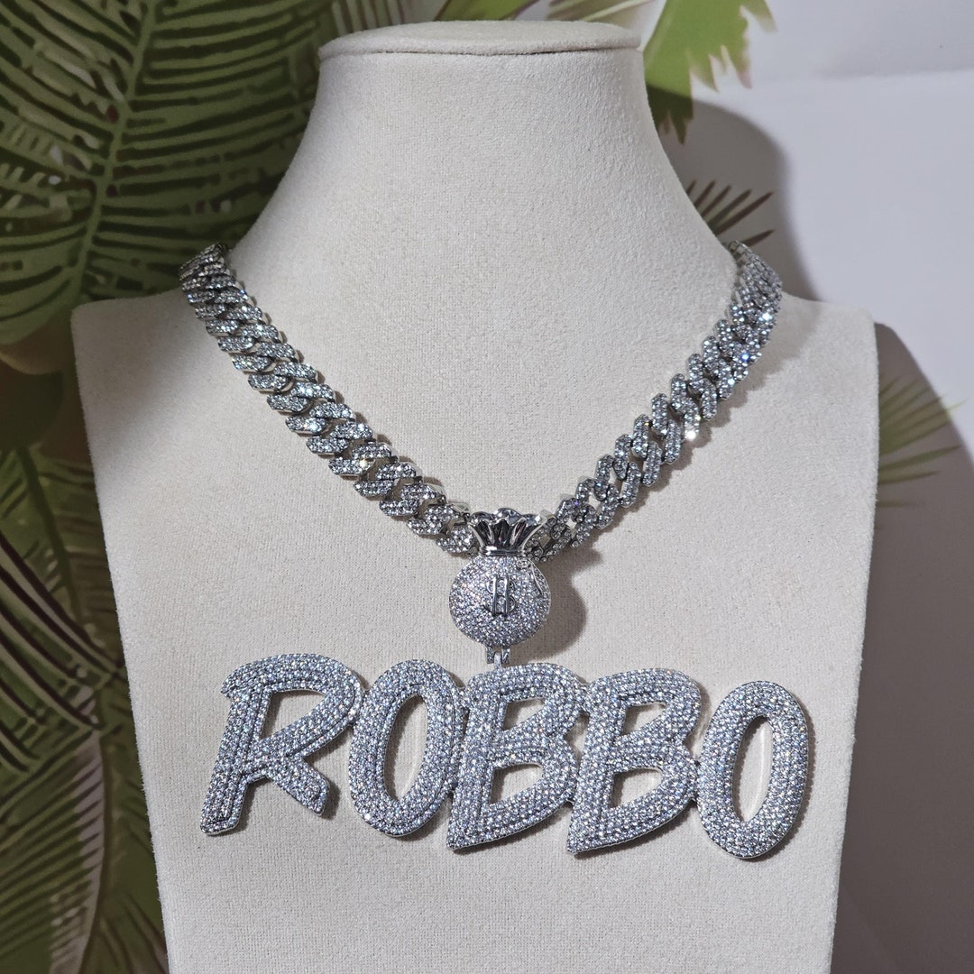 Iced Out Custom Dollar Bag Diamond Name Plate Necklace,12mm Cuban Chain ...