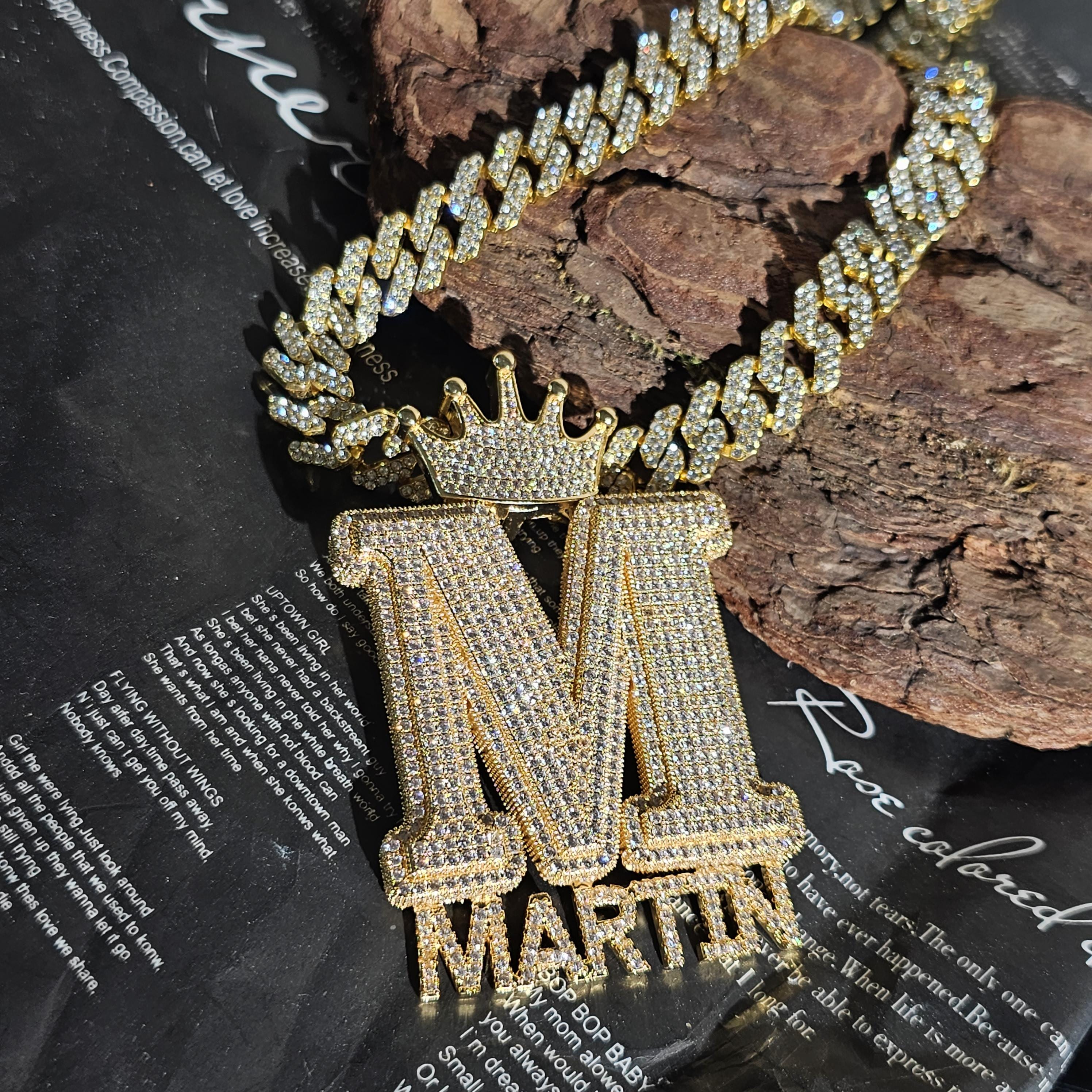 Custom Iced Out Crown Initial Pendant With Cuban Chain: Big Letter ...