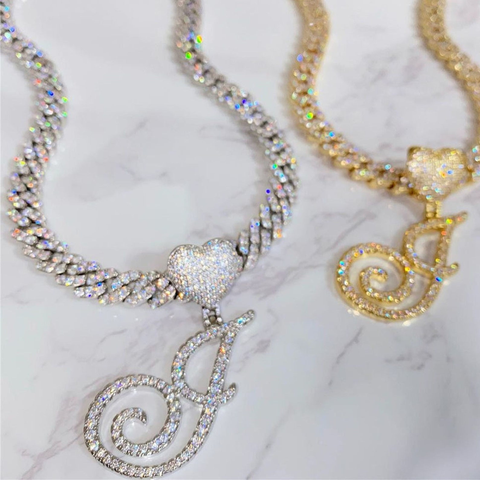 Iced Out Heart Clasp Cursive Letters Necklace Silver Cubic - Etsy