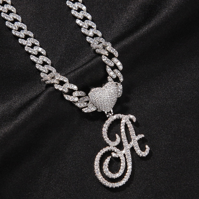 Iced Out Heart Clasp Cursive Letters Necklace Silver Cubic - Etsy