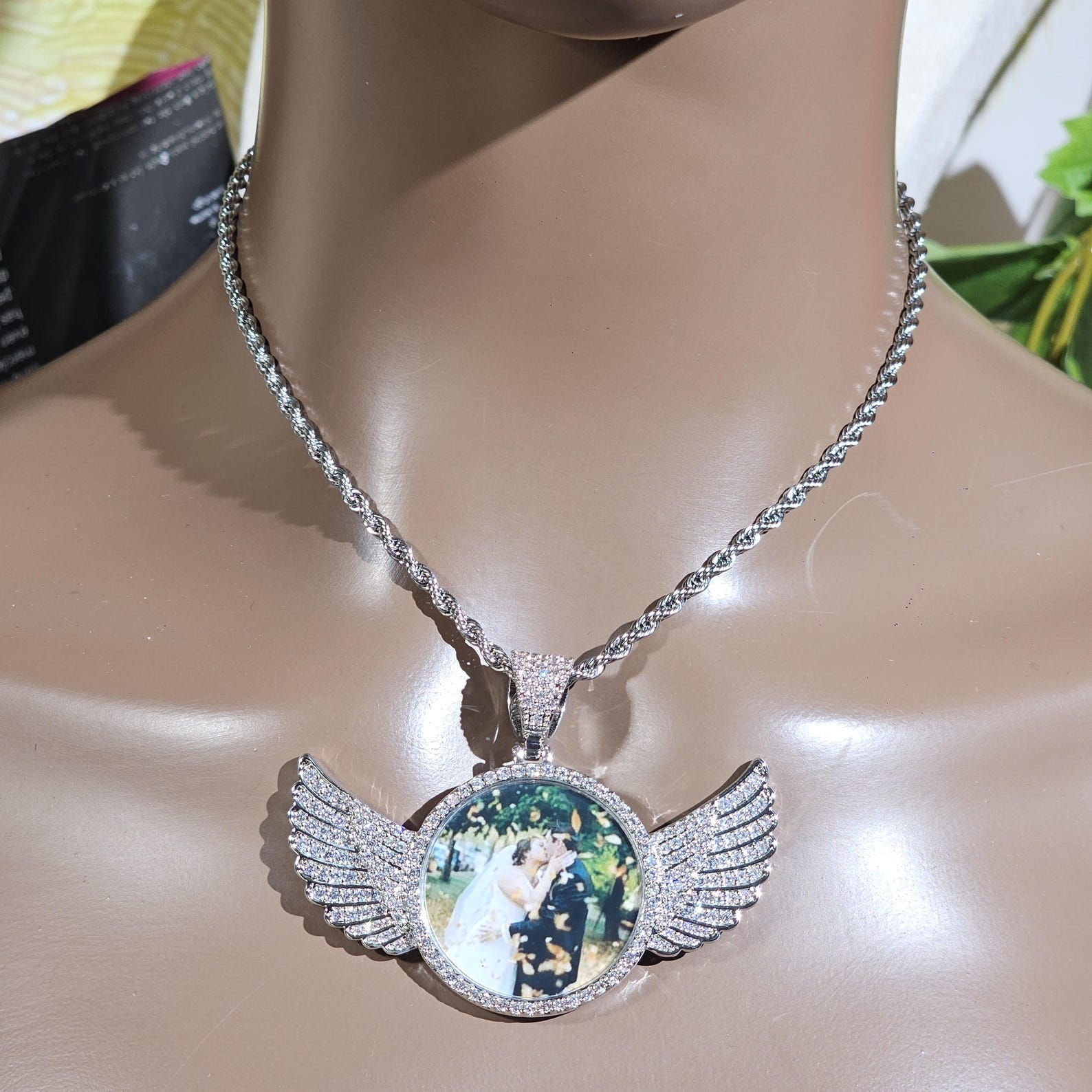 Custom Angel Wings Photo Necklace, Micro Paved Diamond, Personalized ...
