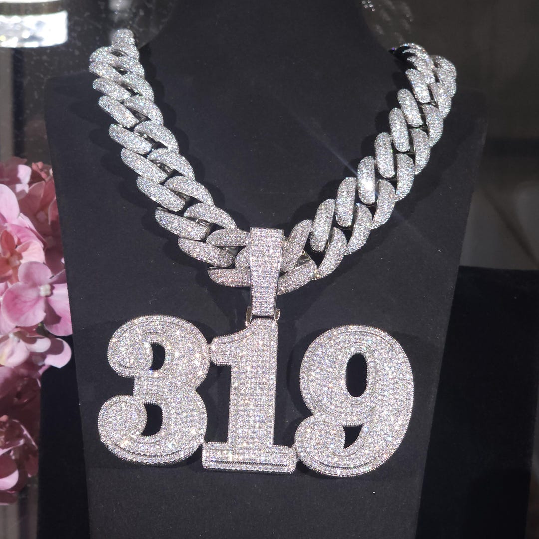Custom Iced Out Big Number Name Necklace, 20mm Cuban Chain, Gold ...