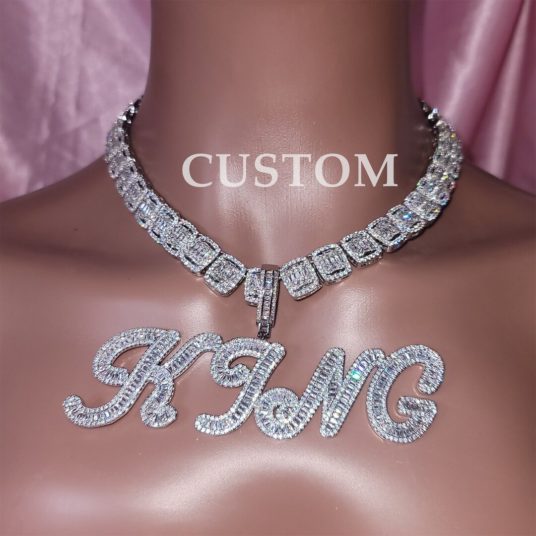 Custom Diamond Icy Script Nameplate Necklace With Tennis Baguette Chain ...