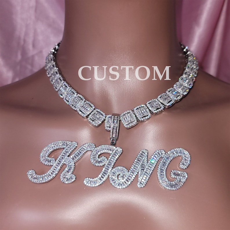 Custom Diamond Icy Script Name Necklace, Baguette Tennis Chain - Etsy