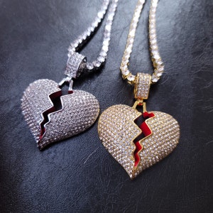 Full Iced Out Broken Heart Necklace With Tennis Chainpendant - Etsy