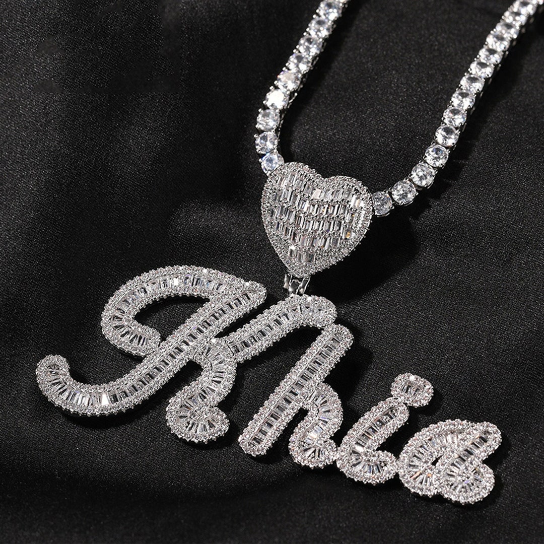 Custom Heart Bail Solid Baguette Letters Pendant With Tennis Chain ...