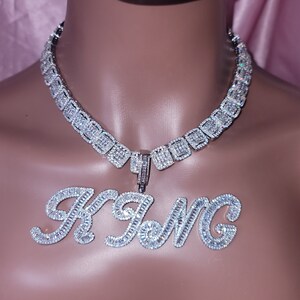 Custom Diamond Icy Script Nameplate Necklace With Tennis Baguette Chain ...