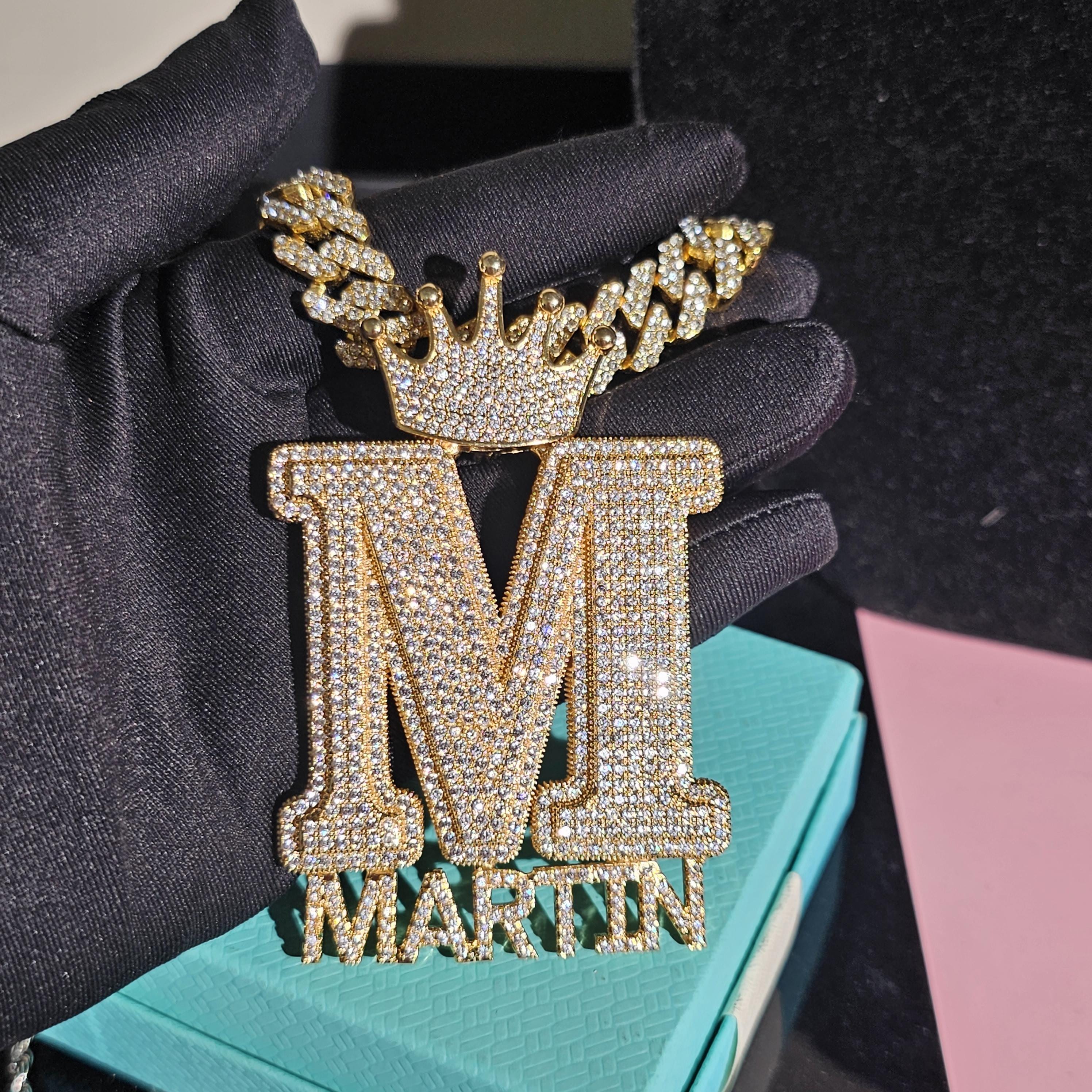 Custom Iced Out Crown Initial Pendant With Cuban Chain: Big Letter ...