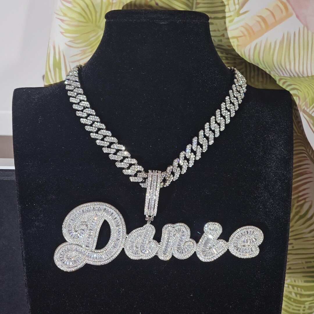 Custom Baguette Script Letters Necklace,iced Out Custom Name Pendant ...