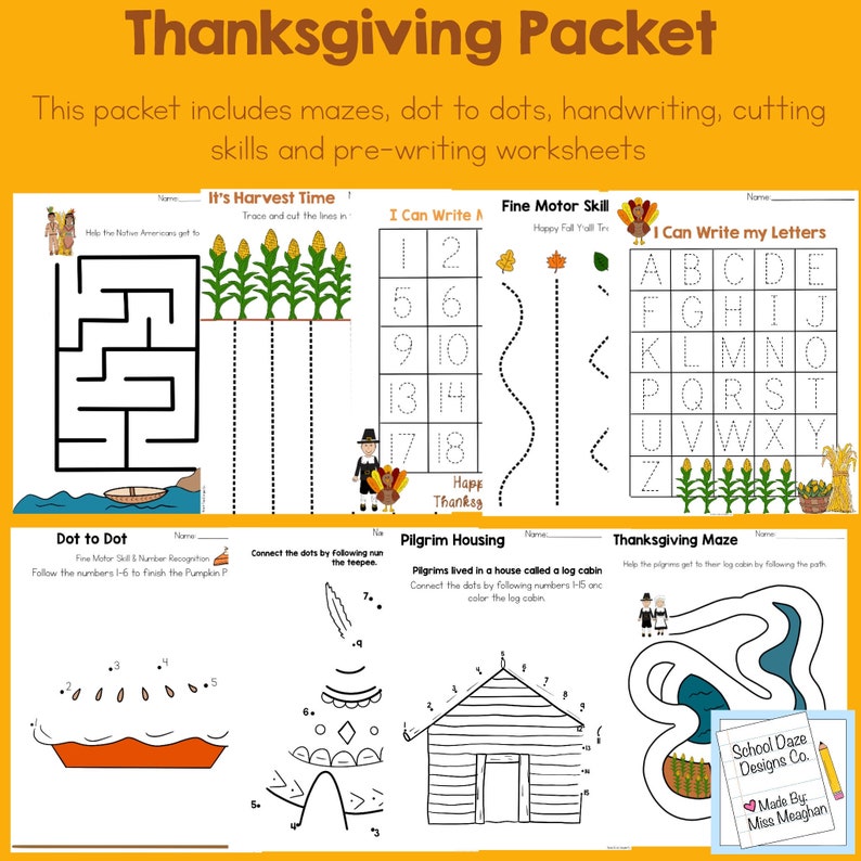 Thanksgiving Packet - Dot to Dot, Mazes, Pre-writing, Cutting Skills - Etsy