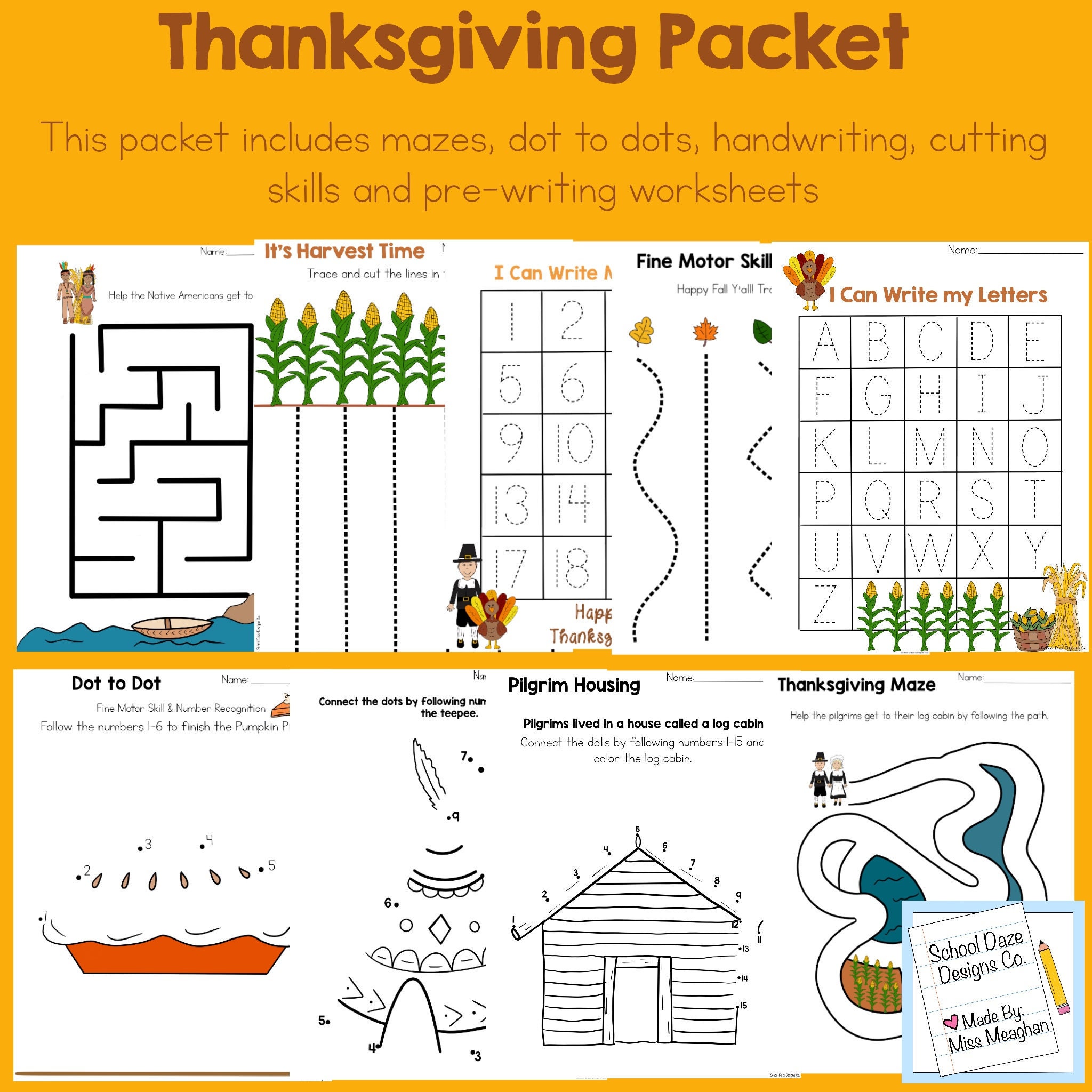 Thanksgiving Packet - Dot to Dot, Mazes, Pre-writing, Cutting Skills - Etsy