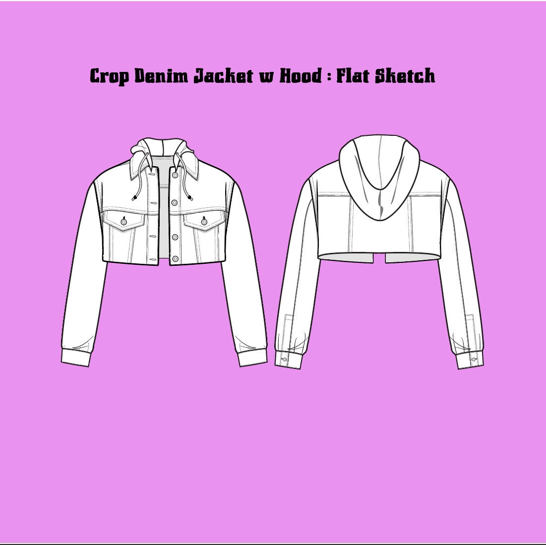 Editable Crop Denim Jacket With Hood Flat Sketch, Cad, Fashion Design ...