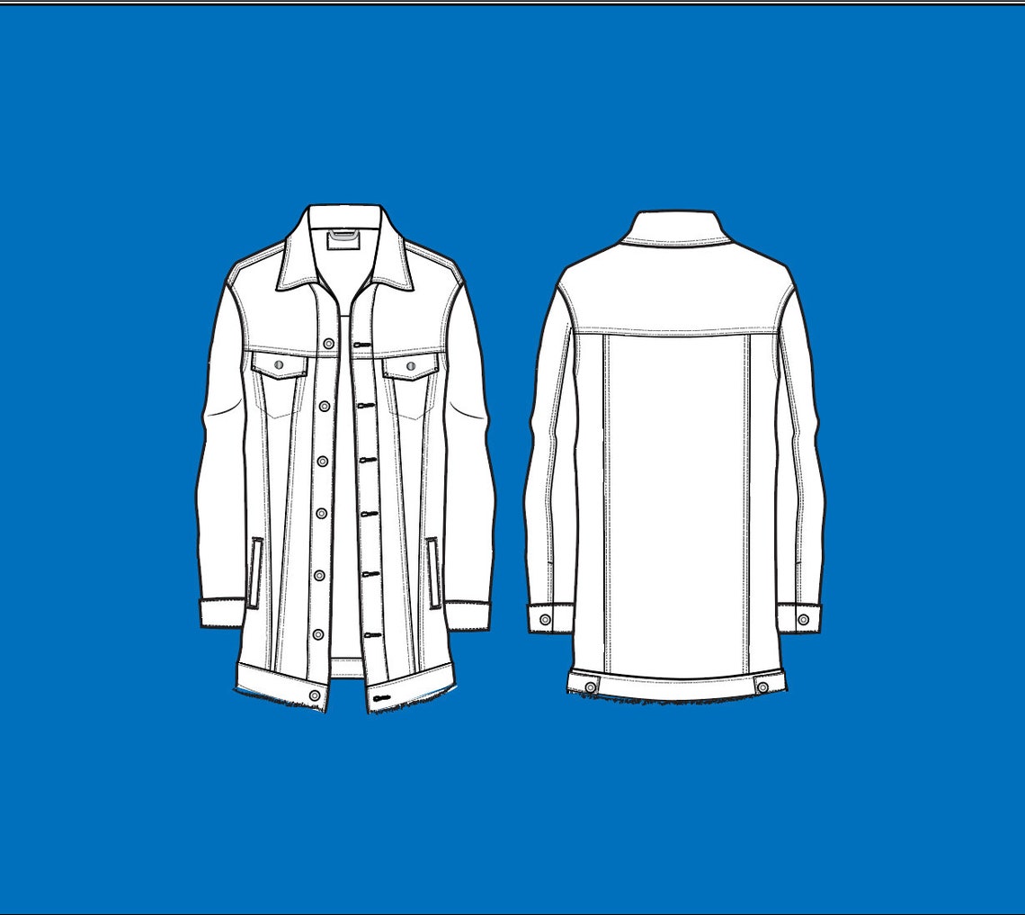 Editable Long Denim Jacket Flat Sketch, Cad,fashion Design, Illustrator ...